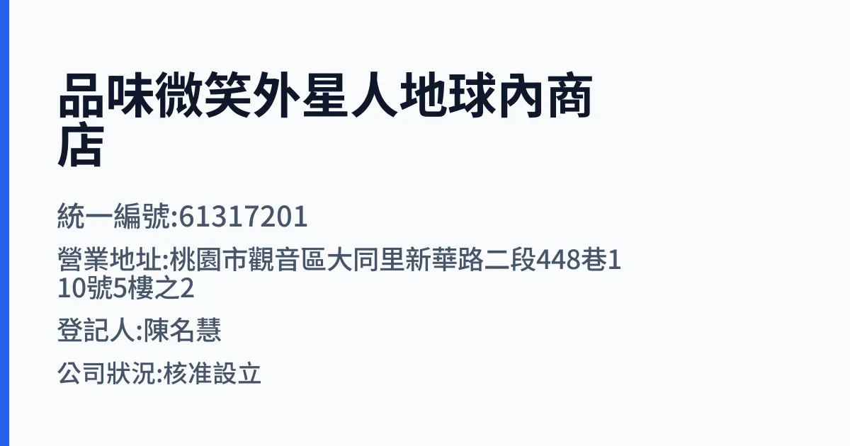 品味微笑外星人地球內商店 - 統編 61317201(桃園市) 公司登記資料與營業項目詳細圖表
