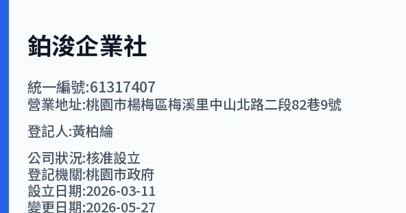 鉑浚企業社的照片-統編 61317407(桃園市) 公司登記資料與營業項目詳細圖表