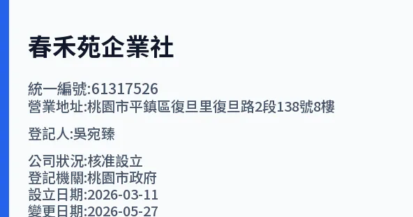 春禾苑企業社的照片-統編 61317526(桃園市) 公司登記資料與營業項目詳細圖表