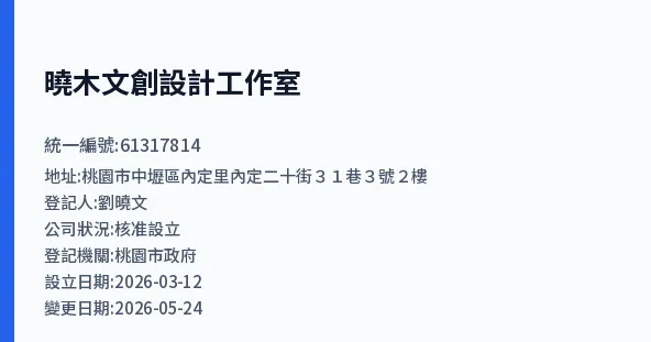 曉木文創設計工作室的照片-統編 61317814(桃園市) 公司登記資料與營業項目詳細圖表