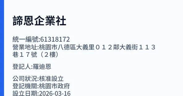 諦恩企業社的照片-統編 61318172(桃園市) 公司登記資料與營業項目詳細圖表