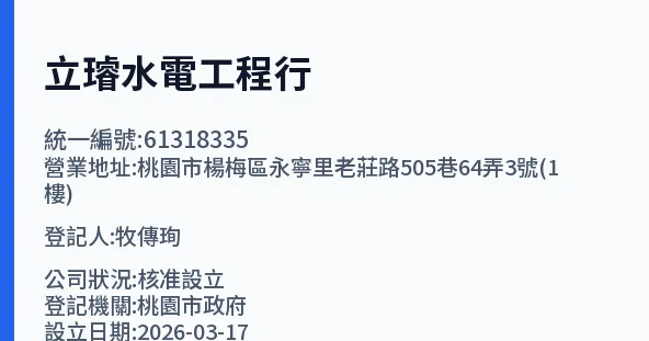立璿水電工程行的照片-統編 61318335(桃園市) 公司登記資料與營業項目詳細圖表