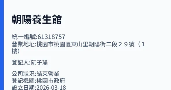 朝陽養生館的照片-統編 61318757(桃園市) 公司登記資料與營業項目詳細圖表