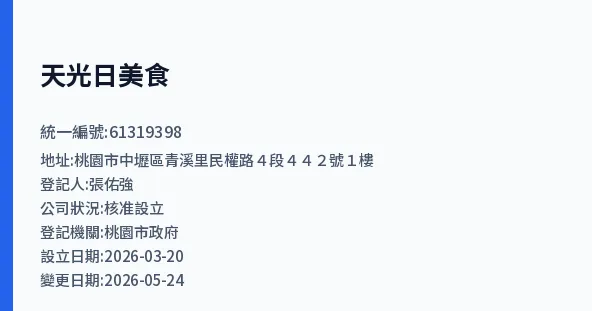 天光日美食的照片-統編 61319398(桃園市) 公司登記資料與營業項目詳細圖表