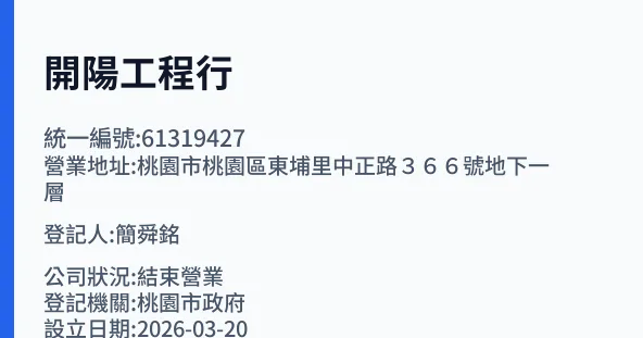 開陽工程行的照片-統編 61319427(桃園市) 公司登記資料與營業項目詳細圖表
