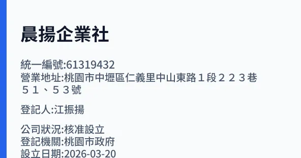 晨揚企業社的照片-統編 61319432(桃園市) 公司登記資料與營業項目詳細圖表
