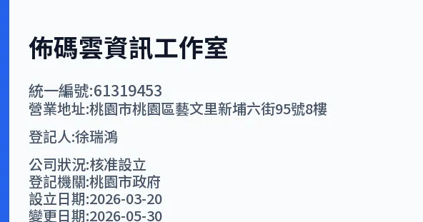 佈碼雲資訊工作室的照片-統編 61319453(桃園市) 公司登記資料與營業項目詳細圖表