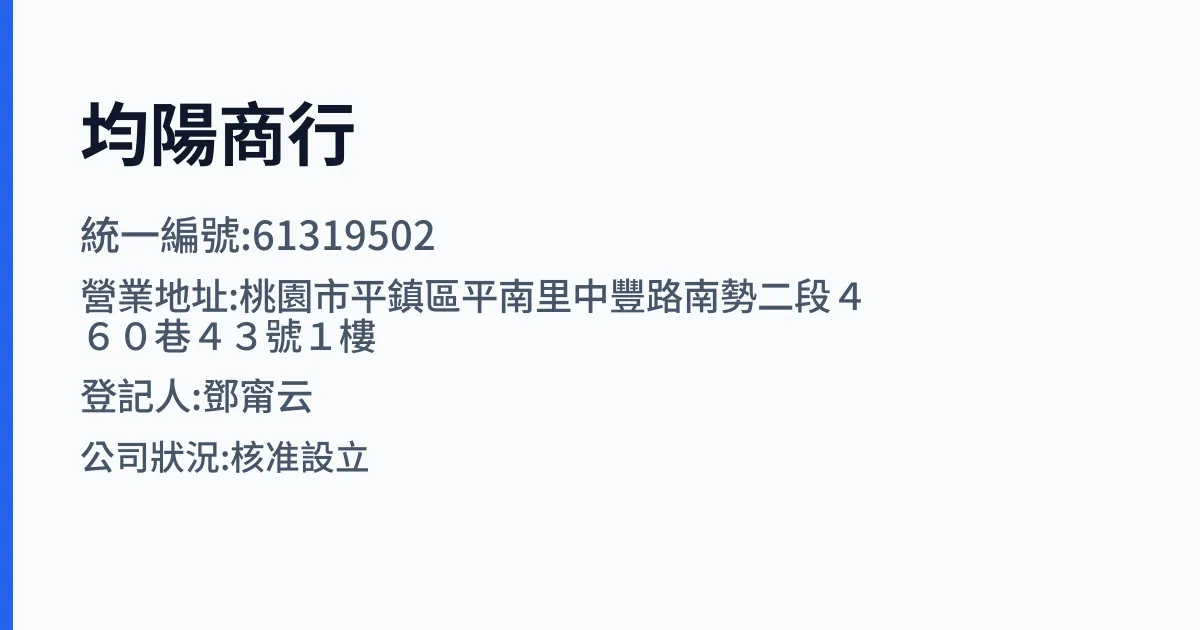 均陽商行 - 統編 61319502(桃園市) 公司登記資料與營業項目詳細圖表