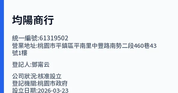 均陽商行的照片-統編 61319502(桃園市) 公司登記資料與營業項目詳細圖表