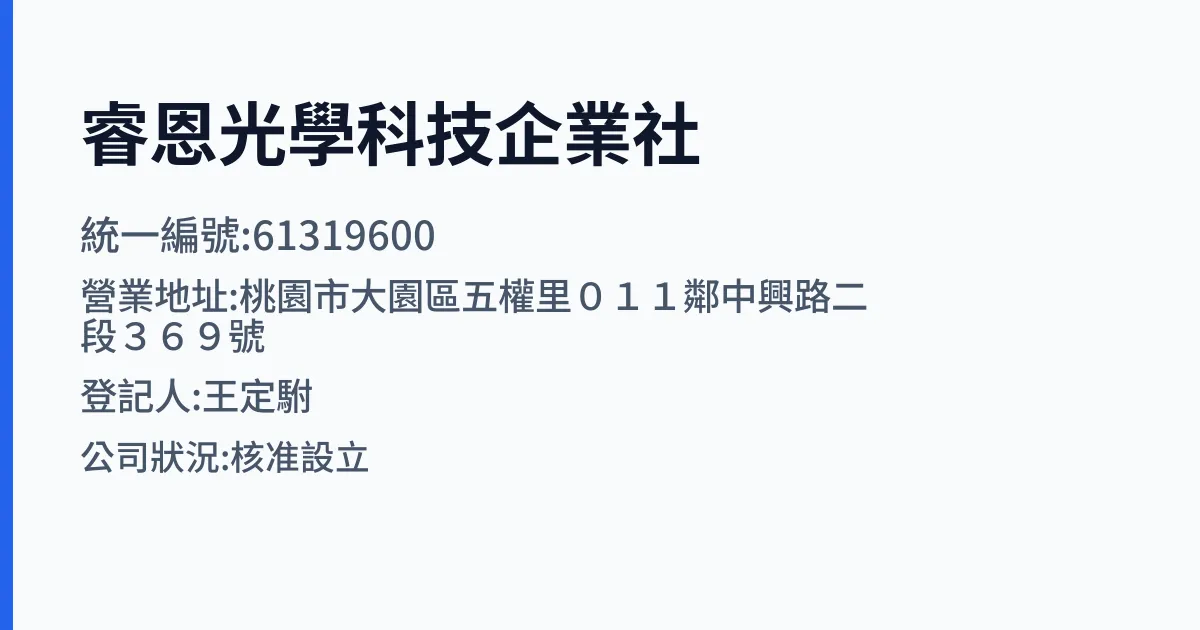 睿恩光學科技企業社 - 統編 61319600(桃園市) 公司登記資料與營業項目詳細圖表