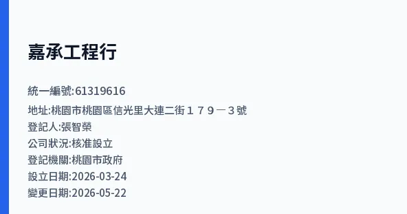 嘉承工程行的照片-統編 61319616(桃園市) 公司登記資料與營業項目詳細圖表