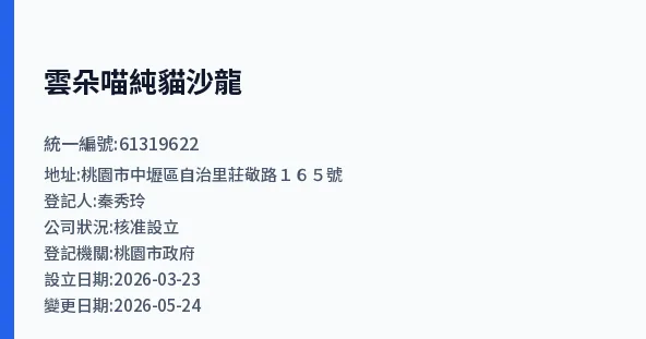 雲朵喵純貓沙龍的照片-統編 61319622(桃園市) 公司登記資料與營業項目詳細圖表