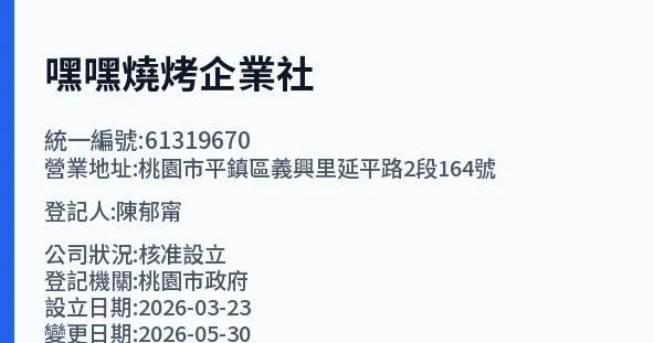 嘿嘿燒烤企業社的照片-統編 61319670(桃園市) 公司登記資料與營業項目詳細圖表