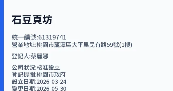 石豆頁坊的照片-統編 61319741(桃園市) 公司登記資料與營業項目詳細圖表