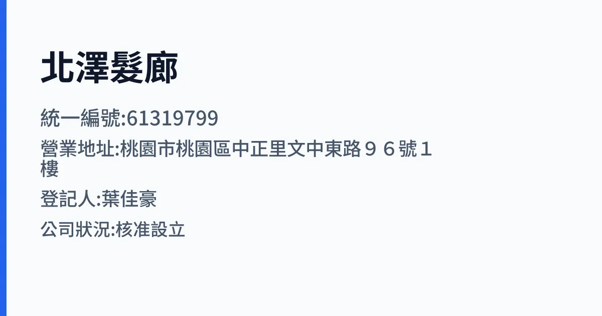 北澤髮廊 - 統編 61319799(桃園市) 公司登記資料與營業項目詳細圖表