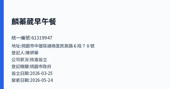 麟蓁葳早午餐的照片-統編 61319947(桃園市) 公司登記資料與營業項目詳細圖表