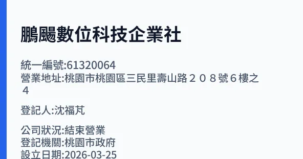 鵬颺數位科技企業社的照片-統編 61320064(桃園市) 公司登記資料與營業項目詳細圖表