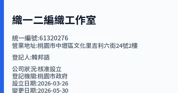 織一二編織工作室的照片-統編 61320276(桃園市) 公司登記資料與營業項目詳細圖表