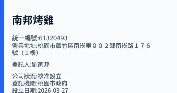 南邦烤雞的照片-統編 61320493(桃園市) 公司登記資料與營業項目詳細圖表