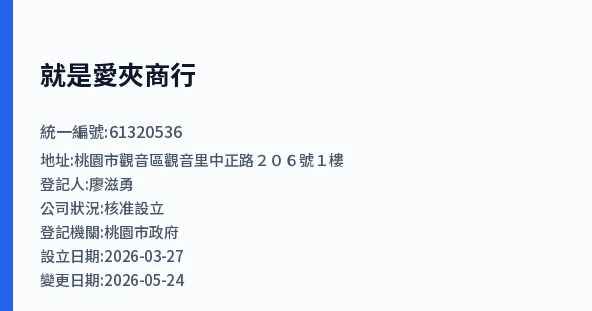 就是愛夾商行的照片-統編 61320536(桃園市) 公司登記資料與營業項目詳細圖表