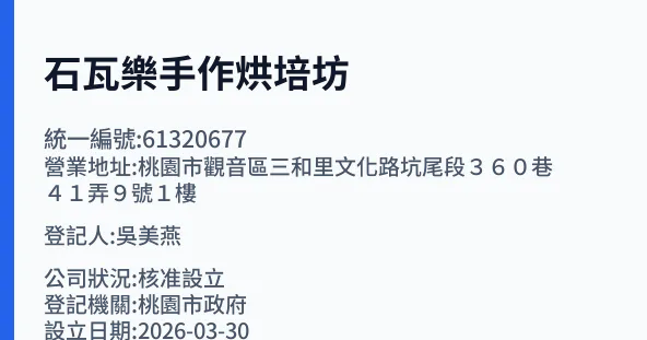 石瓦樂手作烘培坊的照片-統編 61320677(桃園市) 公司登記資料與營業項目詳細圖表