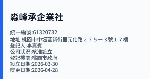 淼峰承企業社的照片-統編 61320732(桃園市) 公司登記資料與營業項目詳細圖表