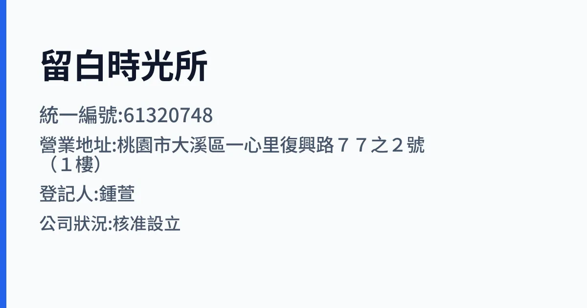 留白時光所 - 統編 61320748(桃園市) 公司登記資料與營業項目詳細圖表