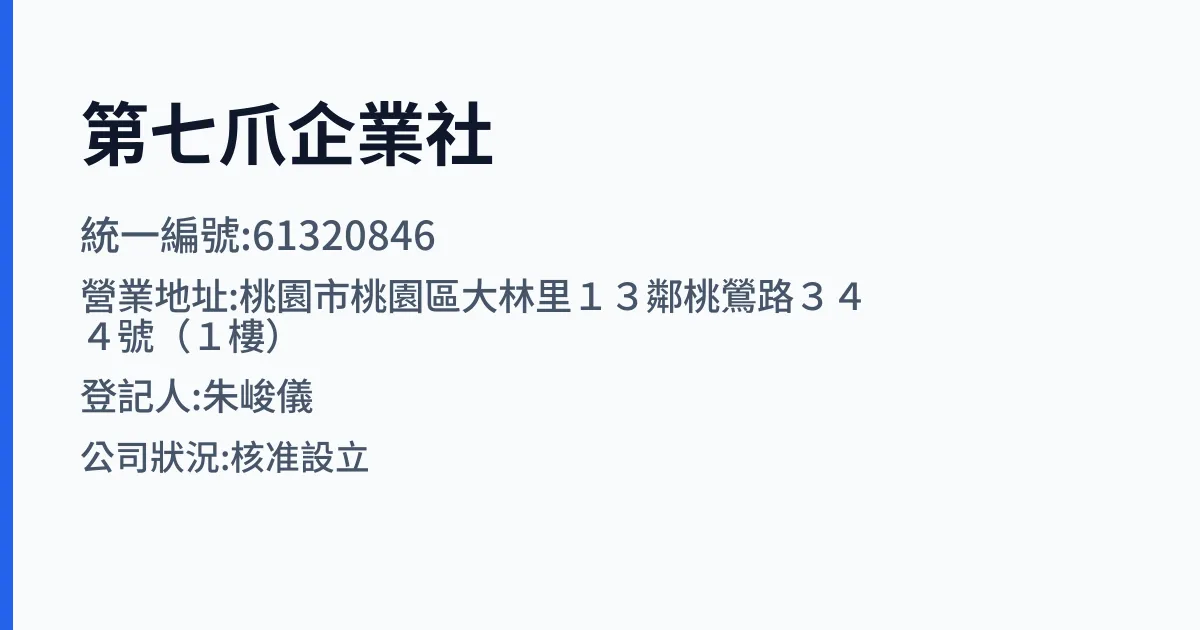 第七爪企業社 - 統編 61320846(桃園市) 公司登記資料與營業項目詳細圖表
