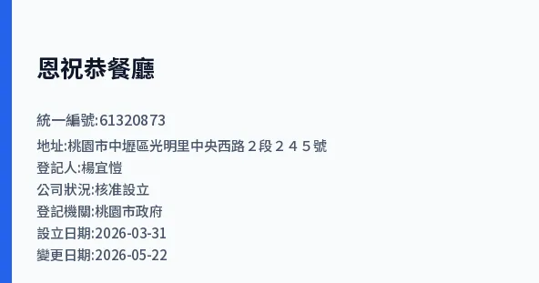 恩祝恭餐廳的照片-統編 61320873(桃園市) 公司登記資料與營業項目詳細圖表