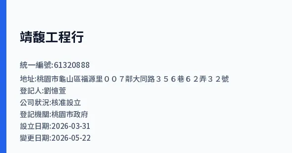 靖馥工程行的照片-統編 61320888(桃園市) 公司登記資料與營業項目詳細圖表