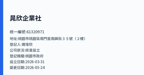 晁欣企業社的照片-統編 61320971(桃園市) 公司登記資料與營業項目詳細圖表