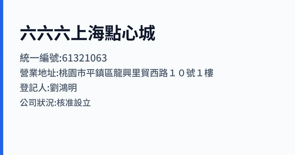 六六六上海點心城 - 統編 61321063(桃園市) 公司登記資料與營業項目詳細圖表