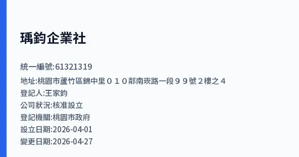 瑀鈞企業社的照片-統編 61321319(桃園市) 公司登記資料與營業項目詳細圖表