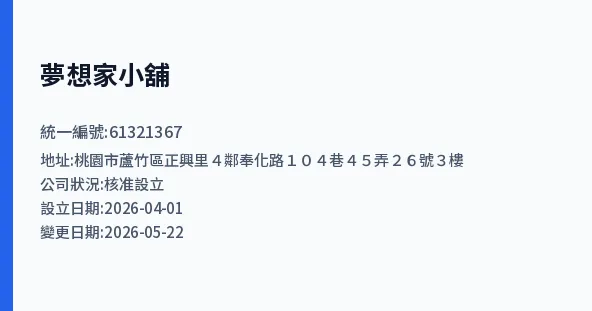 夢想家小舖的照片-統編 61321367(桃園市) 公司登記資料與營業項目詳細圖表