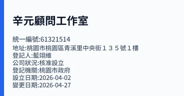 辛元顧問工作室的照片-統編 61321514(桃園市) 公司登記資料與營業項目詳細圖表