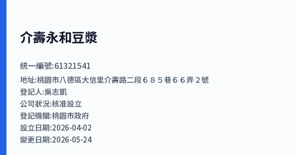 介壽永和豆漿的照片-統編 61321541(桃園市) 公司登記資料與營業項目詳細圖表