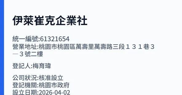 伊萊崔克企業社的照片-統編 61321654(桃園市) 公司登記資料與營業項目詳細圖表