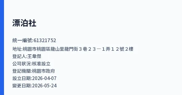 漂泊社的照片-統編 61321752(桃園市) 公司登記資料與營業項目詳細圖表
