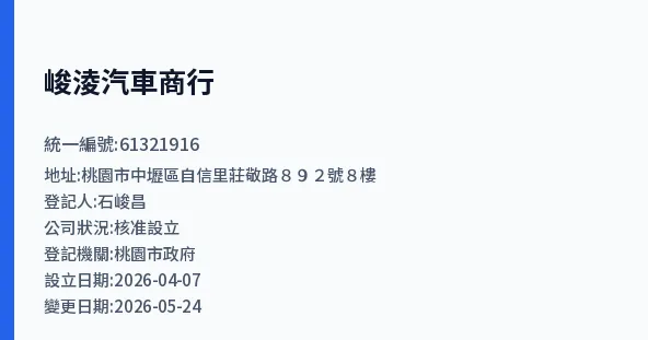 峻淩汽車商行的照片-統編 61321916(桃園市) 公司登記資料與營業項目詳細圖表