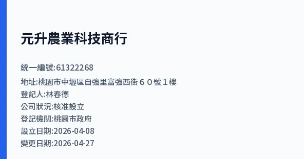 元升農業科技商行的照片-統編 61322268(桃園市) 公司登記資料與營業項目詳細圖表