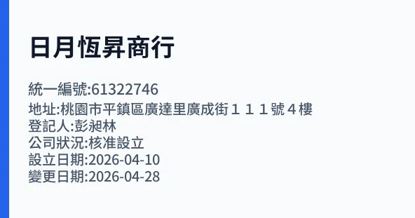 日月恆昇商行的照片-統編 61322746(桃園市) 公司登記資料與營業項目詳細圖表