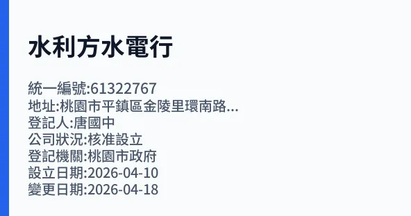 水利方水電行的照片-統編 61322767(桃園市) 公司登記資料與營業項目詳細圖表