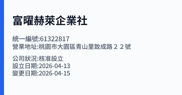 富曜赫萊企業社的照片-統編 61322817(桃園市) 公司登記資料與營業項目詳細圖表