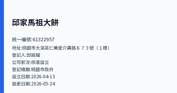 邱家馬祖大餅的照片-統編 61322957(桃園市) 公司登記資料與營業項目詳細圖表