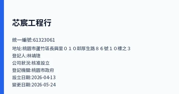 芯宸工程行的照片-統編 61323061(桃園市) 公司登記資料與營業項目詳細圖表