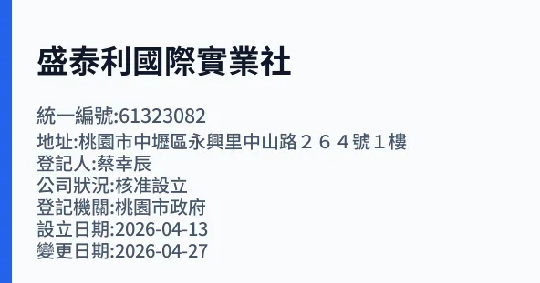 盛泰利國際實業社的照片-統編 61323082(桃園市) 公司登記資料與營業項目詳細圖表