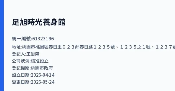 足旭時光養身館的照片-統編 61323196(桃園市) 公司登記資料與營業項目詳細圖表