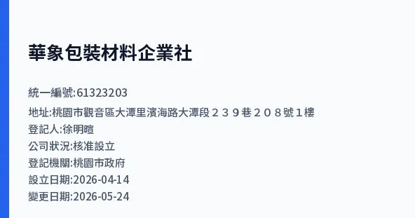 華象包裝材料企業社的照片-統編 61323203(桃園市) 公司登記資料與營業項目詳細圖表