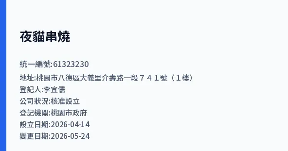夜貓串燒的照片-統編 61323230(桃園市) 公司登記資料與營業項目詳細圖表