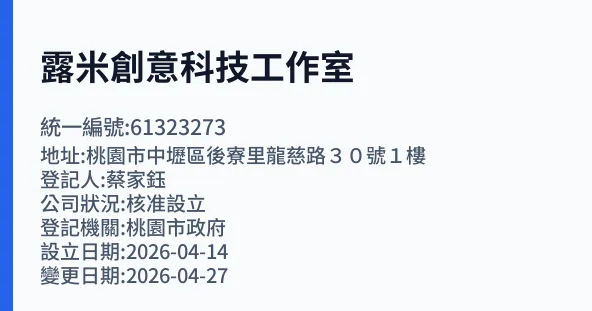 露米創意科技工作室的照片-統編 61323273(桃園市) 公司登記資料與營業項目詳細圖表